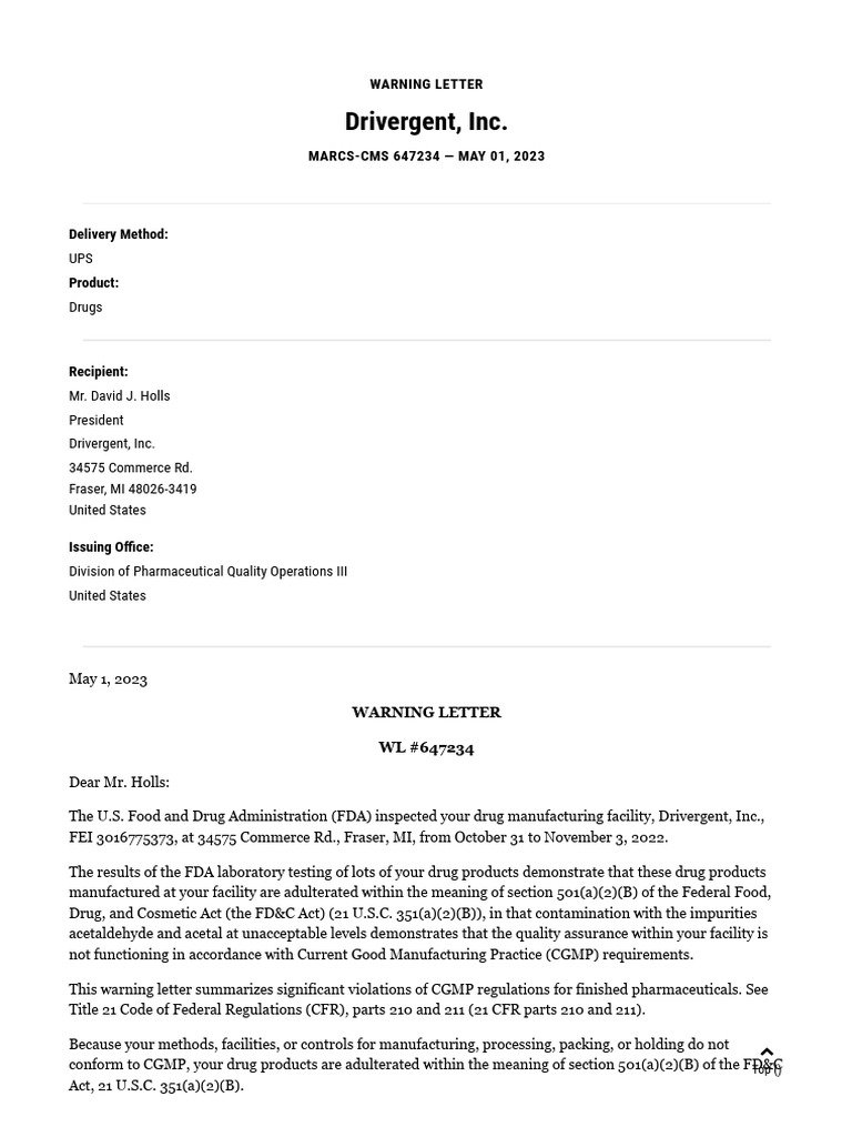 Drivergent, Inc. 483 Issued 2023 - FDA | PDF