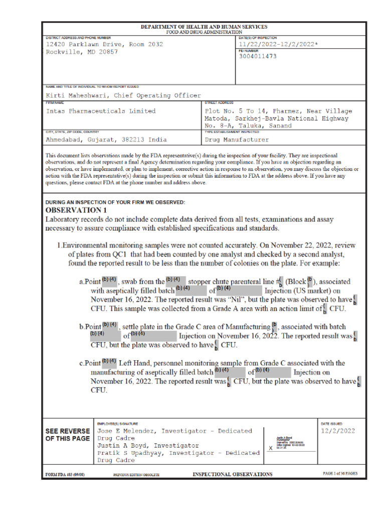 FDA Issues Form 483 To Intas Pharma 21077 | PDF