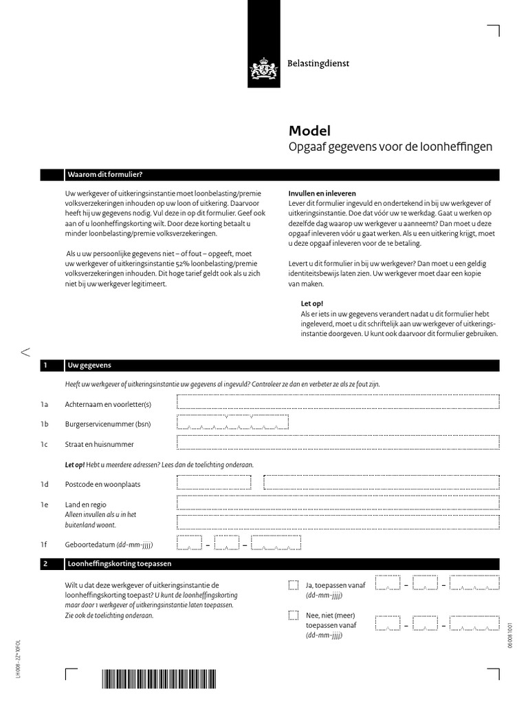 Model Opgaaf Gegevens Loonheffingen Lh0082z10fol | PDF