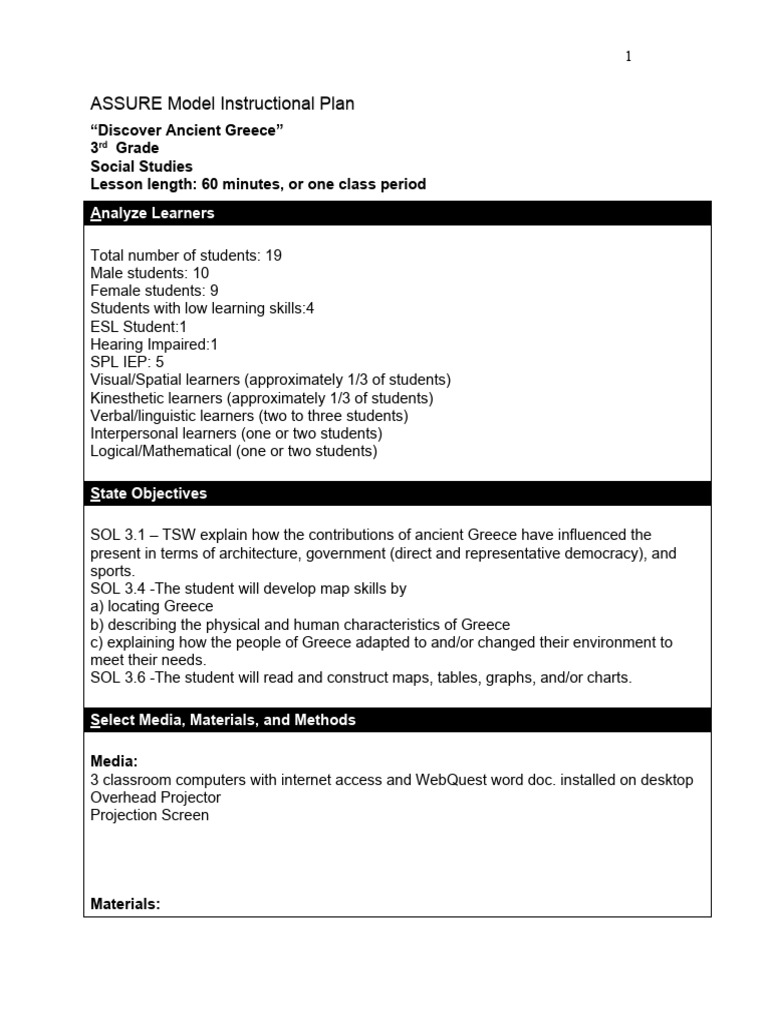 Assure Model Instructional Plan | PDF | Learning | Pottery