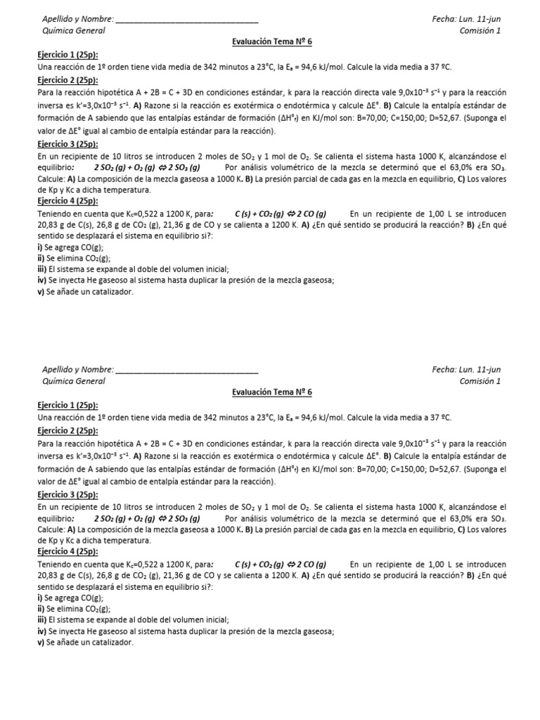 Ejercicios Tema6 | Descargar gratis PDF | Equilibrio químico | Entalpía