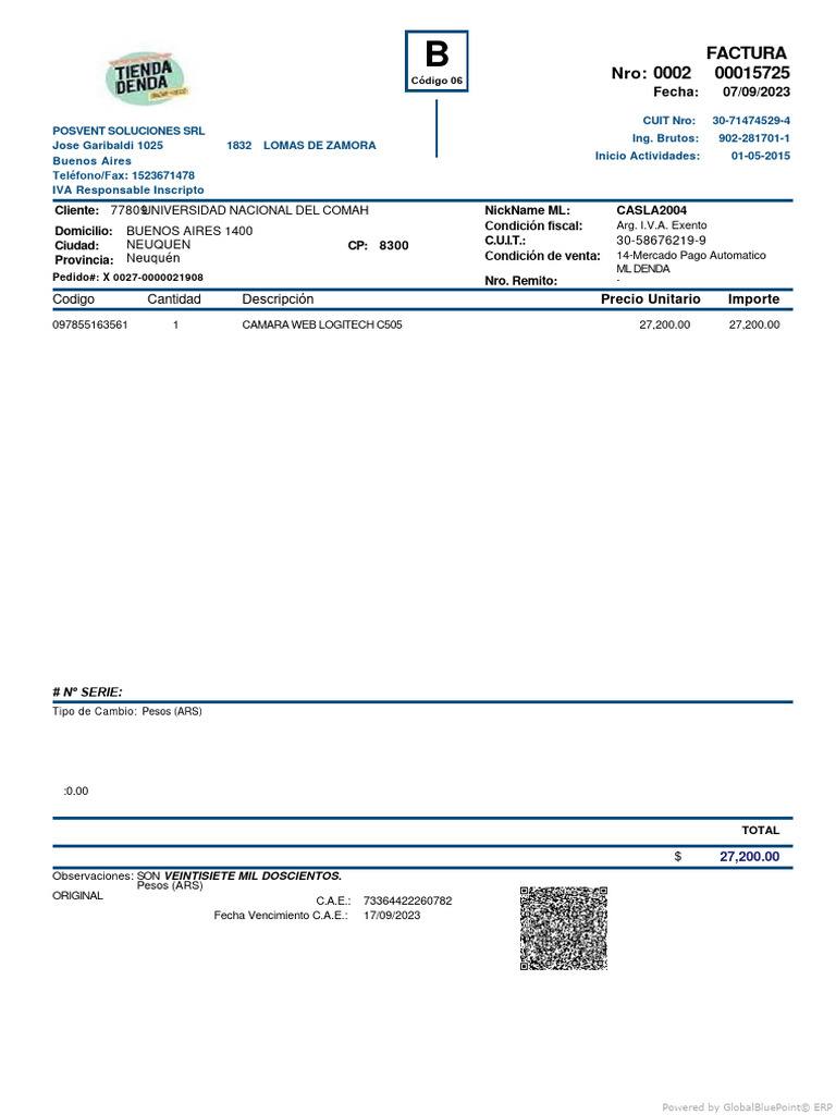 Factura de Compra: Cámara Logitech C505 | PDF