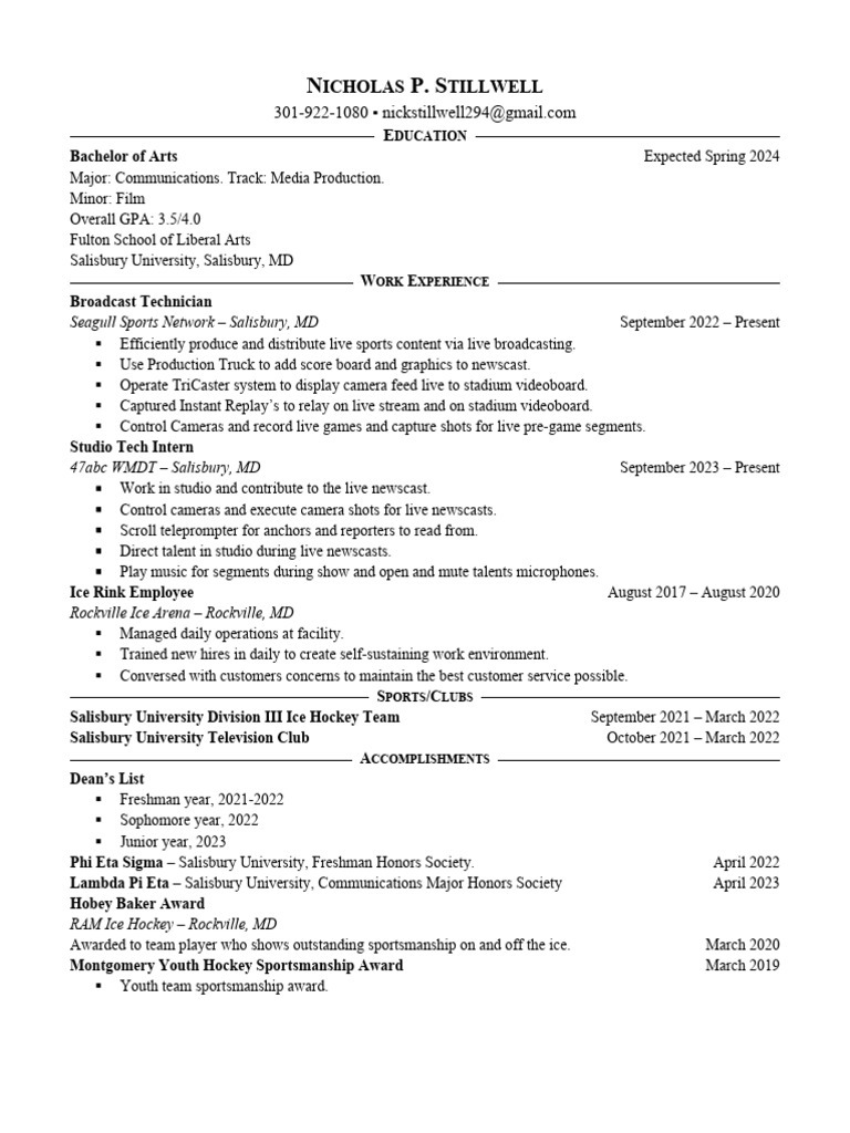 Nicholas Stillwell Updated Resume 2023 | Download Free PDF | Entertainment | Mass Media