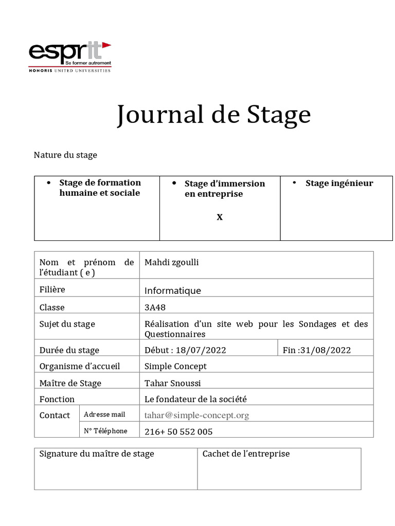 Journal de Stage - Stages Obligatoires | PDF