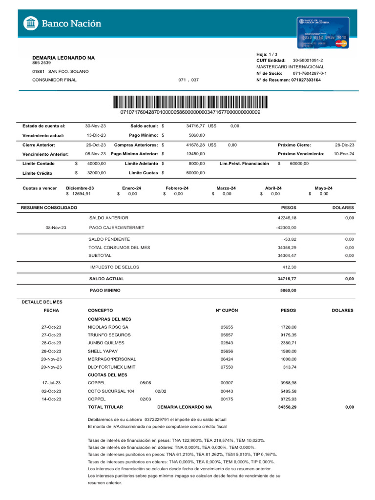 Resumen 20231130 | PDF | Tarjeta de crédito | Tarjeta de débito