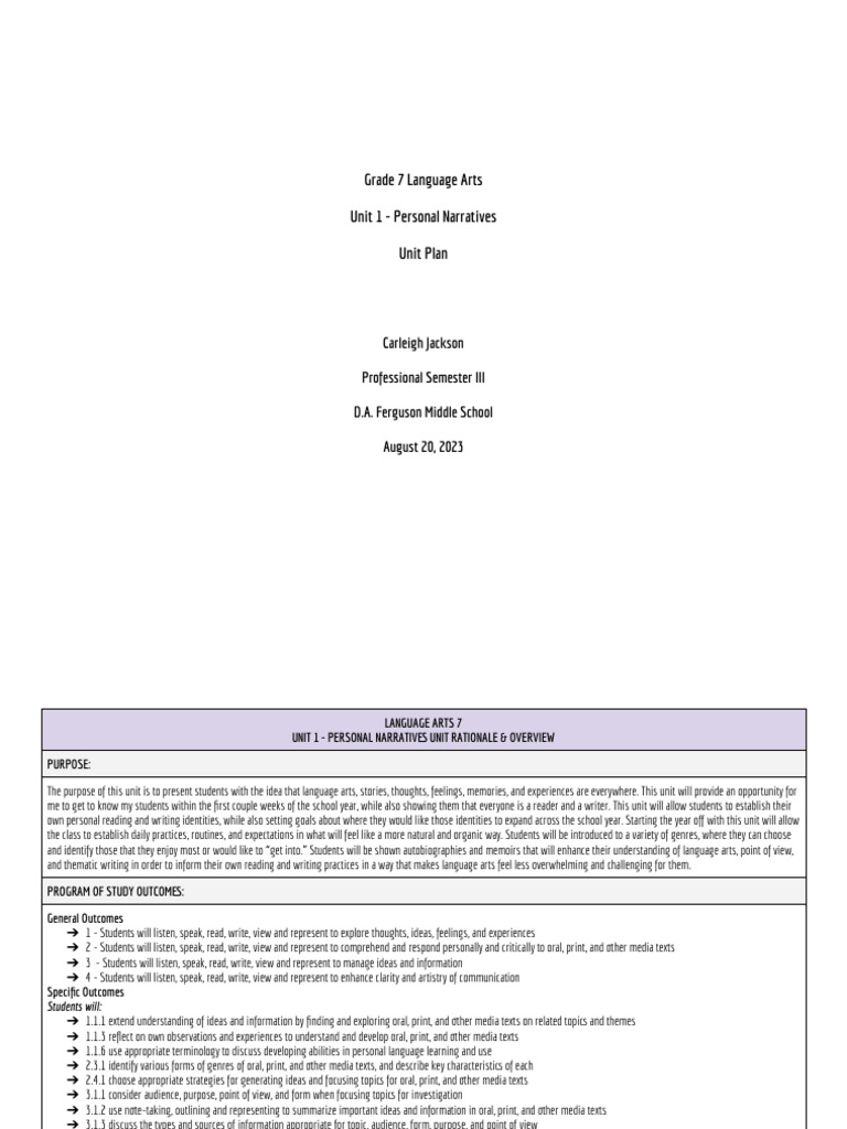 La 7 - Unit 1 - Unit Plan | PDF