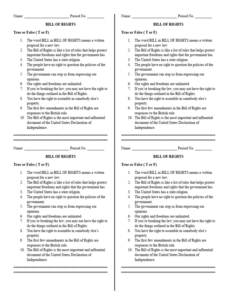 Worksheet - Bill of Rights | PDF