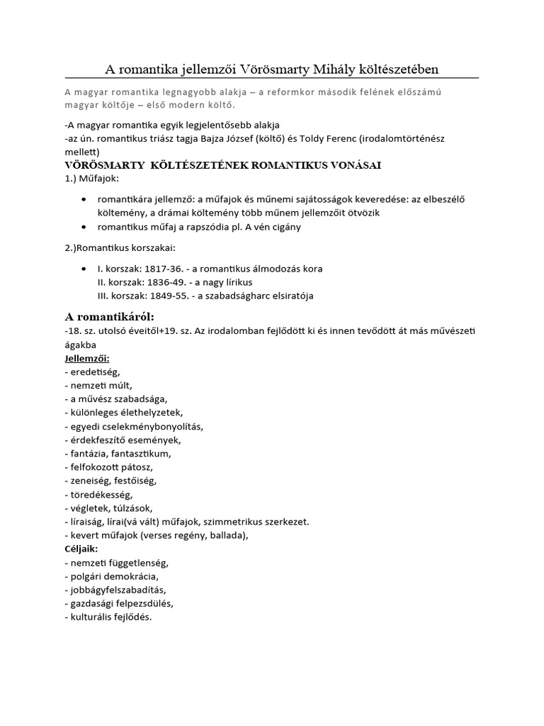 A Romantika Jellemzői Vörösmarty Mihály Költészetében Szózat | PDF