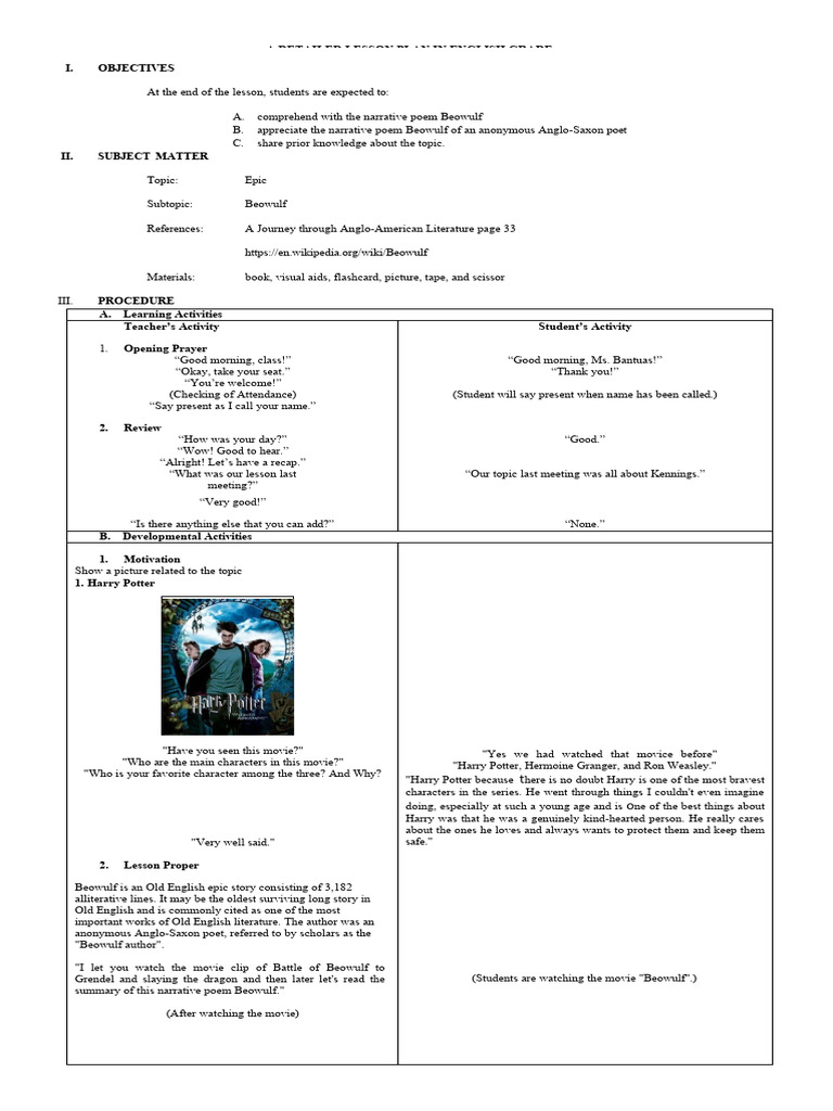 A Detailed Lesson Plan Beowulf | PDF | Beowulf | English Heroic Legends