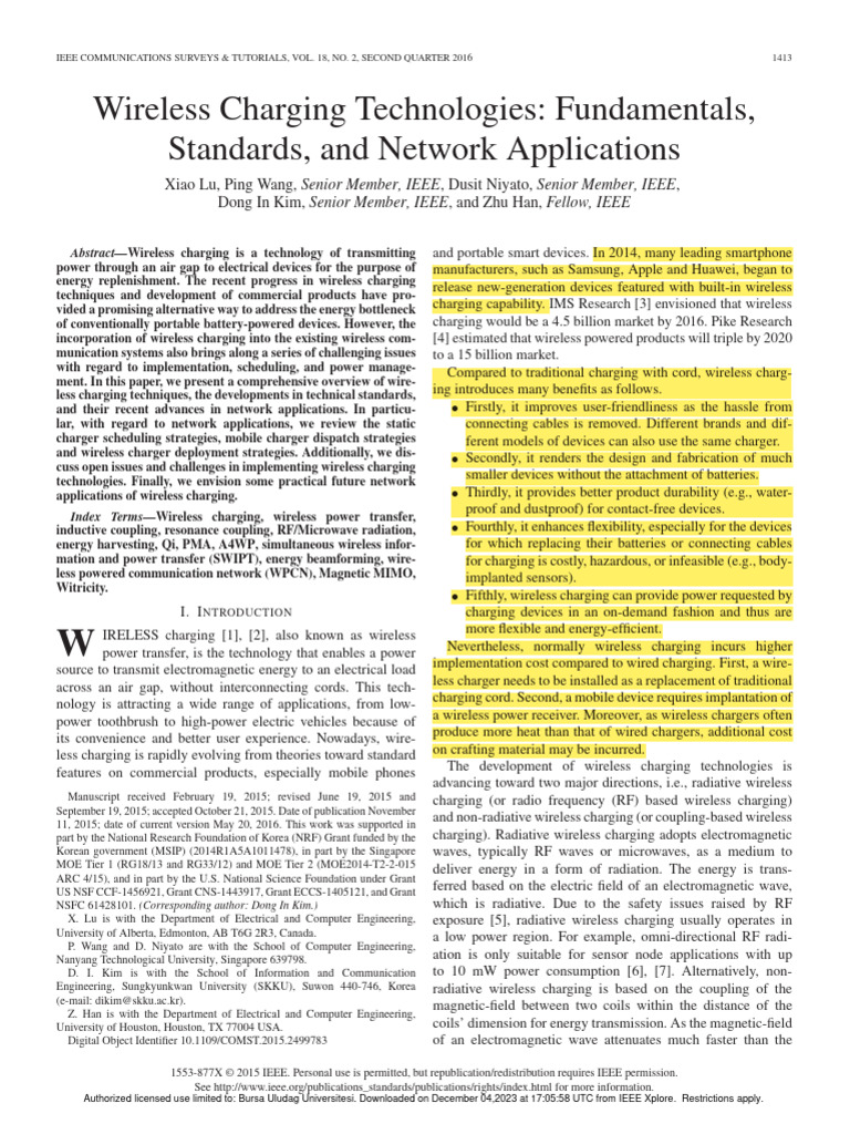 Wireless Charging Technologies Fundamentals Standards, and Network ...
