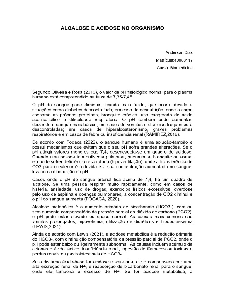 Distúrbios Ácido-Base: Alcalose e Acidose | PDF | Doenças e distúrbios ...