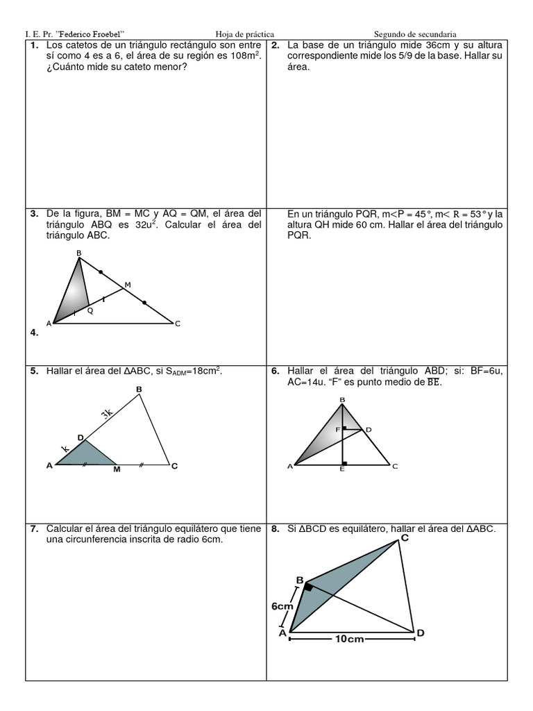 Hoja de Práctica Geometria 2023 Areas Triangulares Cuadrangulares y Circulares | PDF