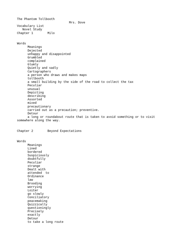 Phantom Tollbooth Vocabulary - List | PDF