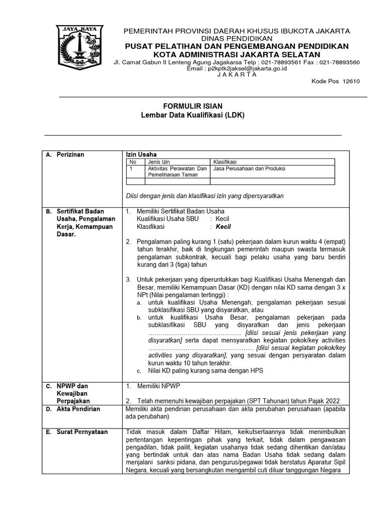 Formulir Isian LDK LDP Pemeliharaan Taman | PDF