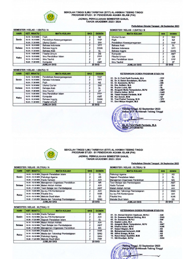 Jadwal Perkuliahan Semester Ganjil Ta 2023 2024 | PDF Jadwal Perkuliahan Semester Ganjil Ta 2023 2024 | PDF