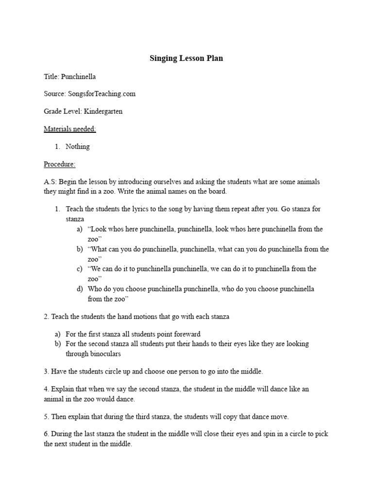 Singing Lesson Plan | Download Free PDF | Learning | Behavior Modification