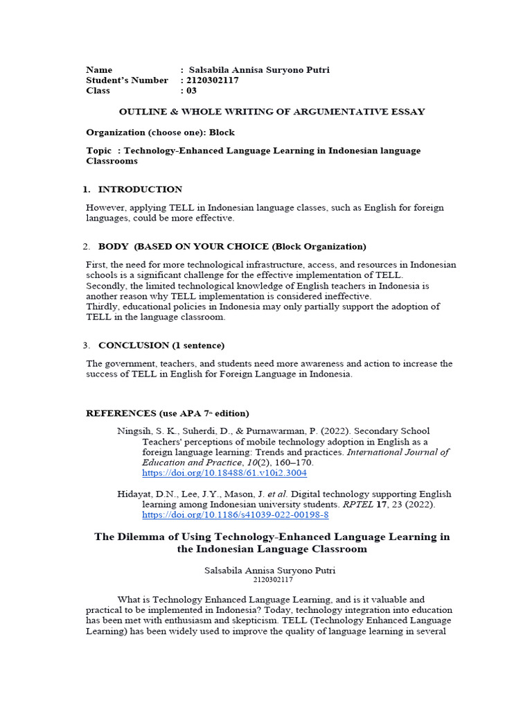 ARGUMENTATIVE ESSAY - The Dilemma of Using Technology-Enhanced Language ...