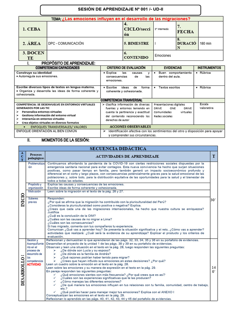 UD-II Sesion 1 DPC COM - 3° INT Emociones Influyen en El Desarrollo de Las Migraciones | PDF ...