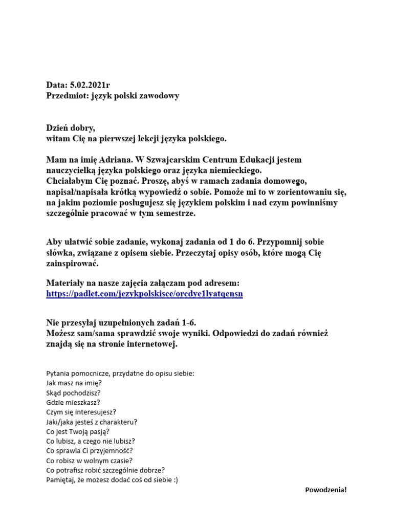 Lekcja 1 I 2 - Język Polski 07.02-20.02 | PDF