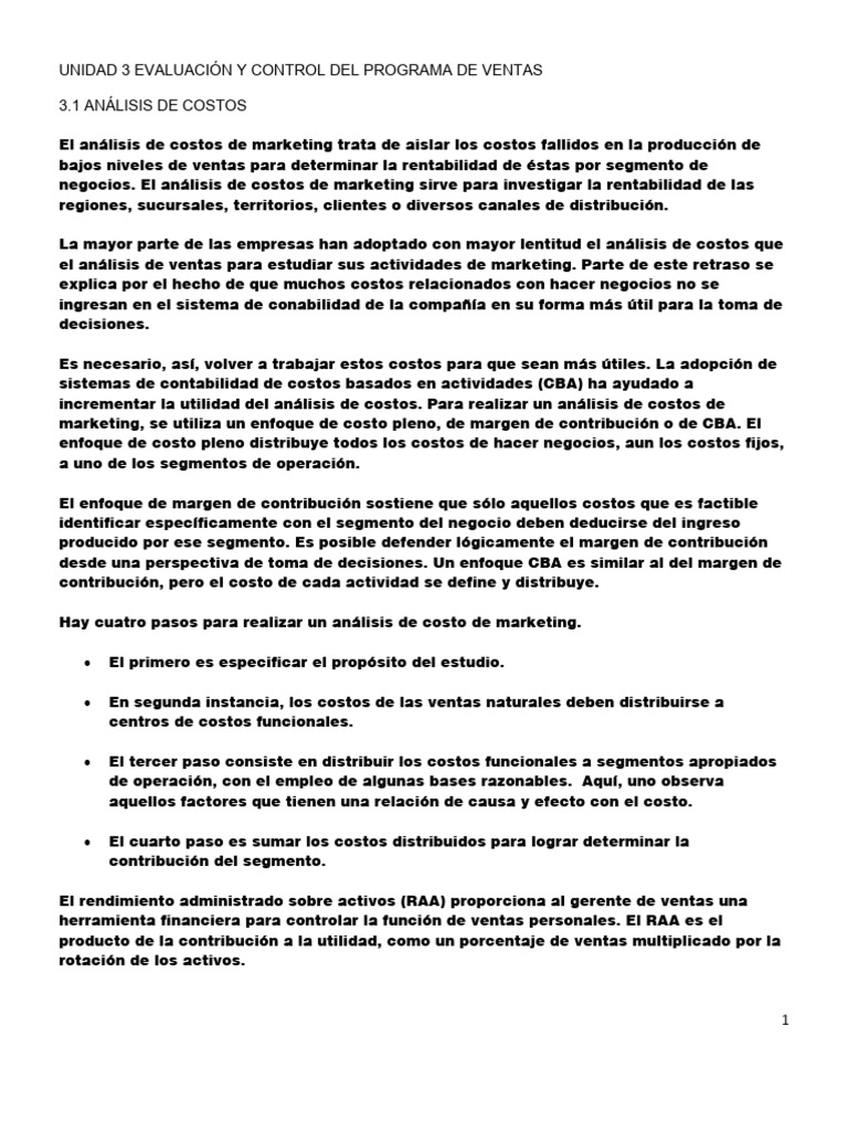 Unidad 3 Evaluación y Control Del Programa de Ventas | PDF | Business | Costo