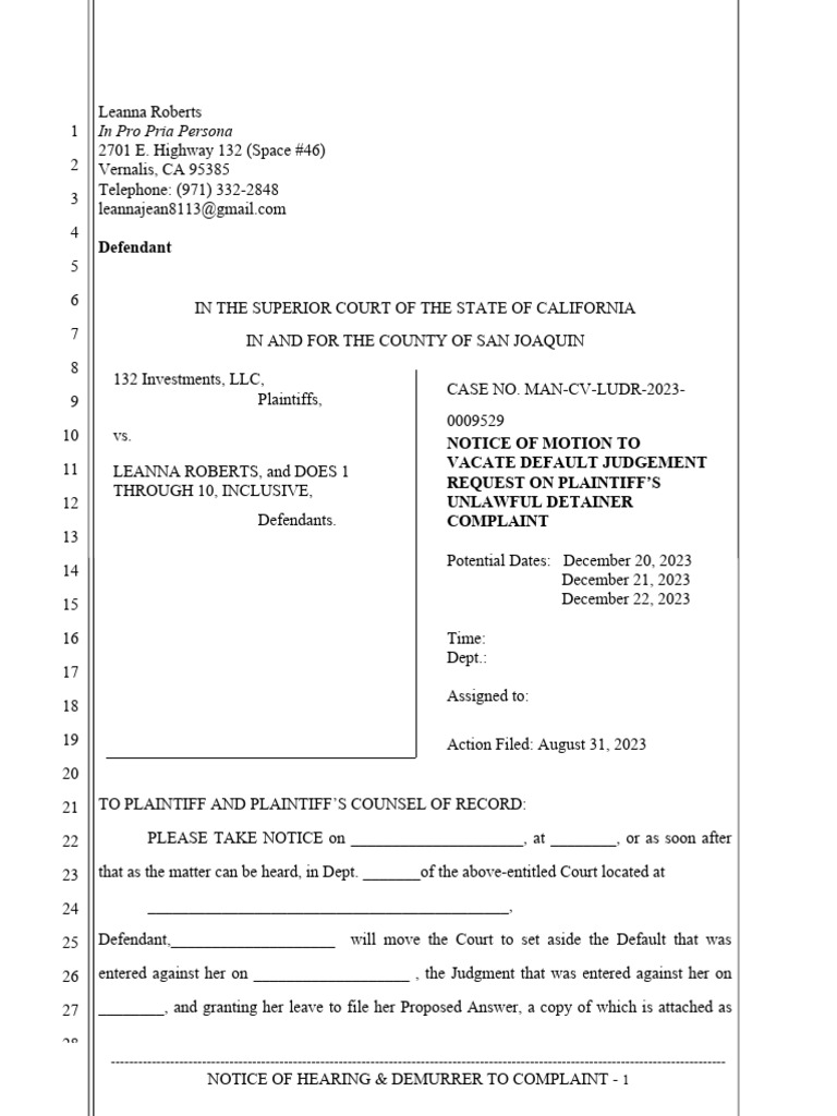 Tenant's Motion to Vacate Judgment | PDF | Default Judgment | Demurrer
