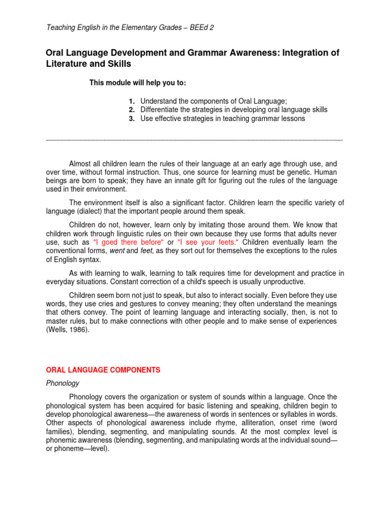Oral Language Development and Grammar Awareness | PDF | Word | Language ...
