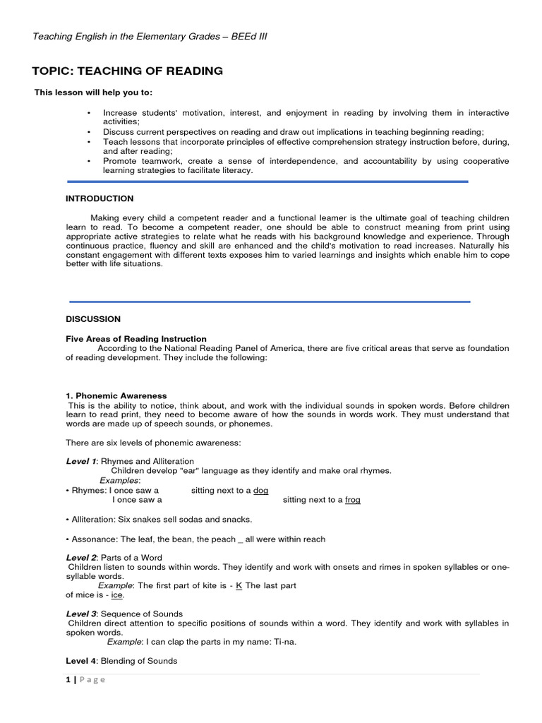 Teaching of Reading | PDF | Phonics | Reading Comprehension