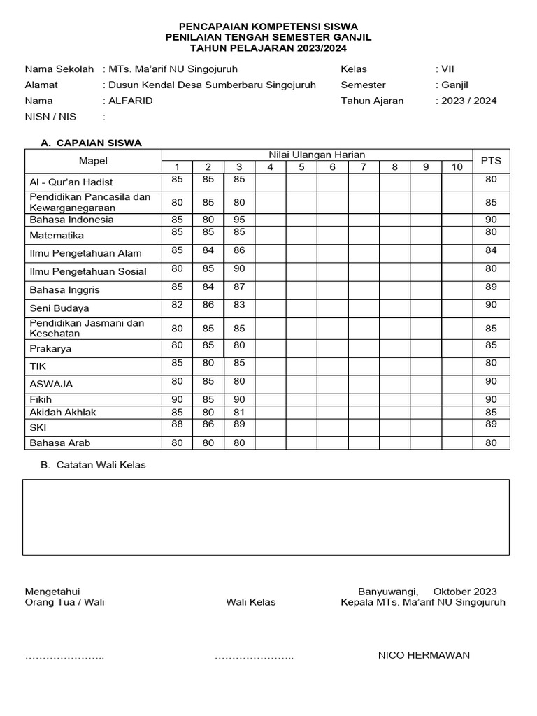 Rapor PTS Ganjil Kelas Vii 2023 | PDF