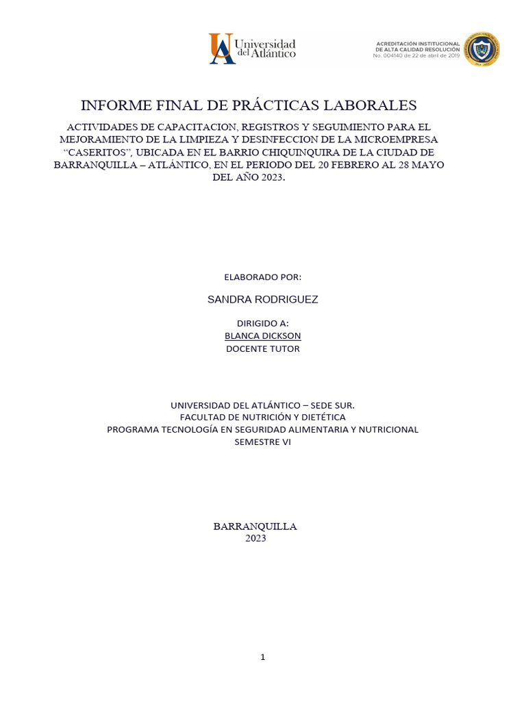Estructura Informe Final Prácticas | PDF | Higiene | Contaminación