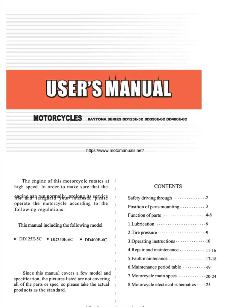 Regal Raptor Daytona DD125 350 400 Motorcycles Owner Manual PDF | PDF