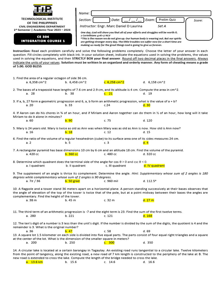 CE304 Integ 1 Set A Answer Key | PDF | Mathematics | Geometry