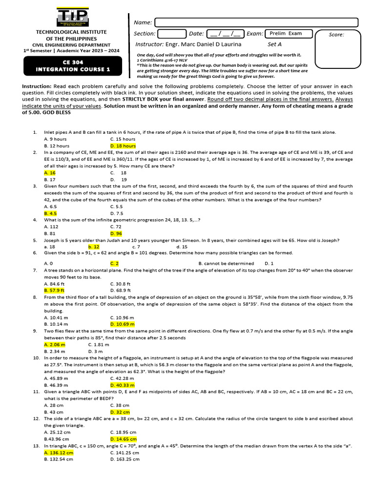 CE304 Integ-1 Prelim-Exam Set-A Answer-Key | PDF | Triangle | Area