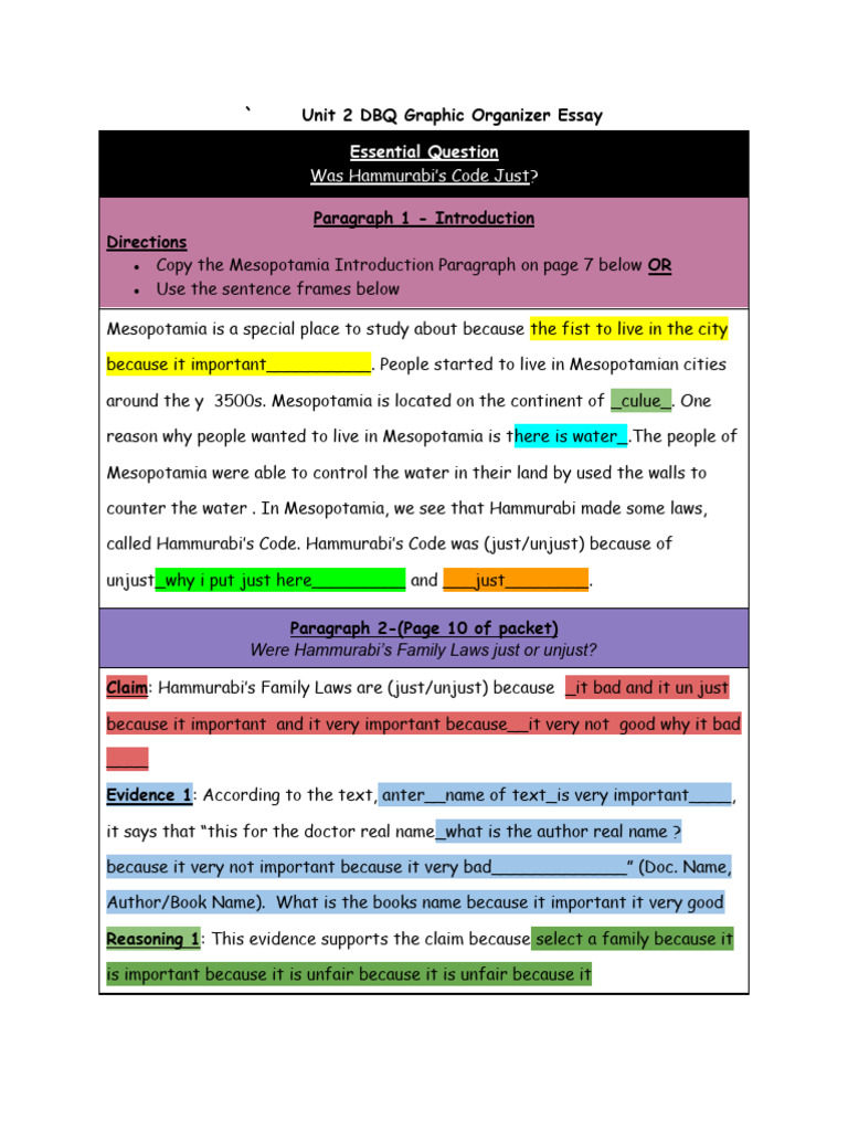 Sample of Student W Sped Mesopotamia DBQ Essay Graphic Organizer ...