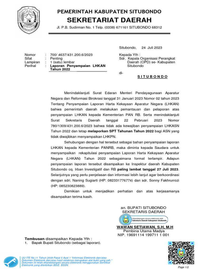 Surat Sekda Ke OPD Laporan LHKAN | PDF