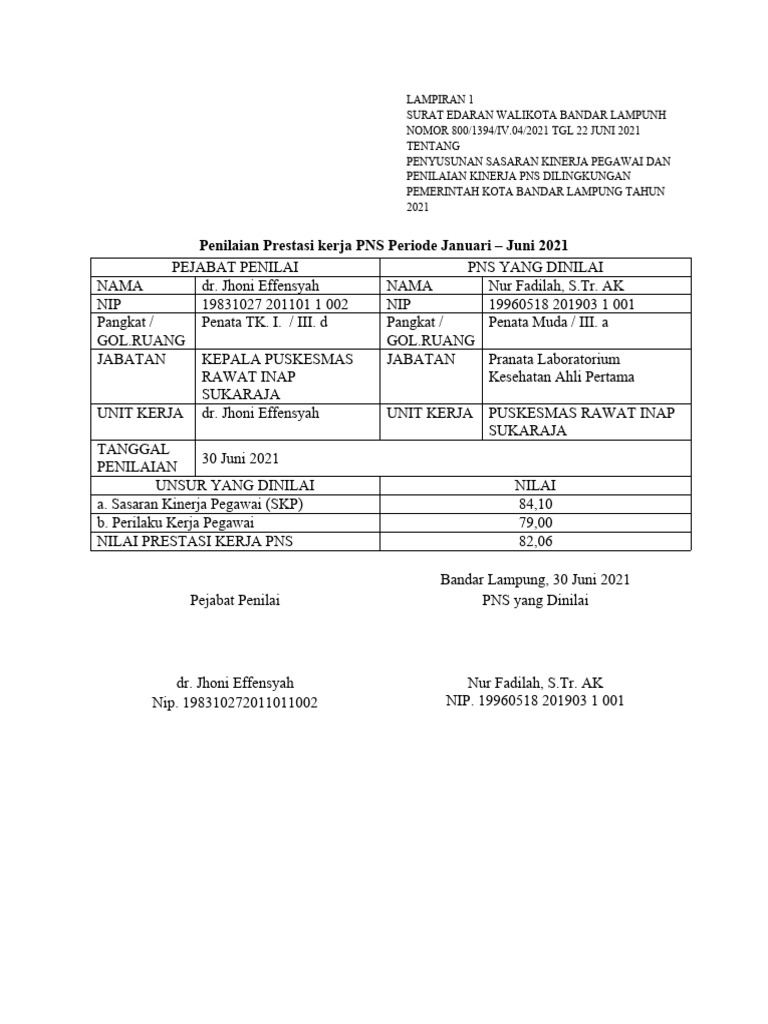 Blangko Penilaian Kinerja Fadil | PDF