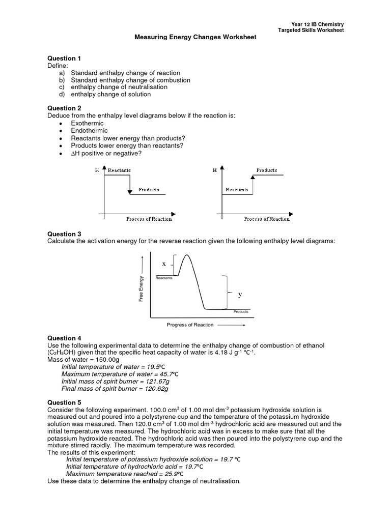 Measuring Energy Changes Worksheet (1) | PDF