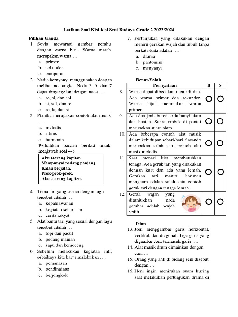 Latihan Soal Kisi-Kisi Sem 1 Seni Budaya Kelas 2 2023 | PDF