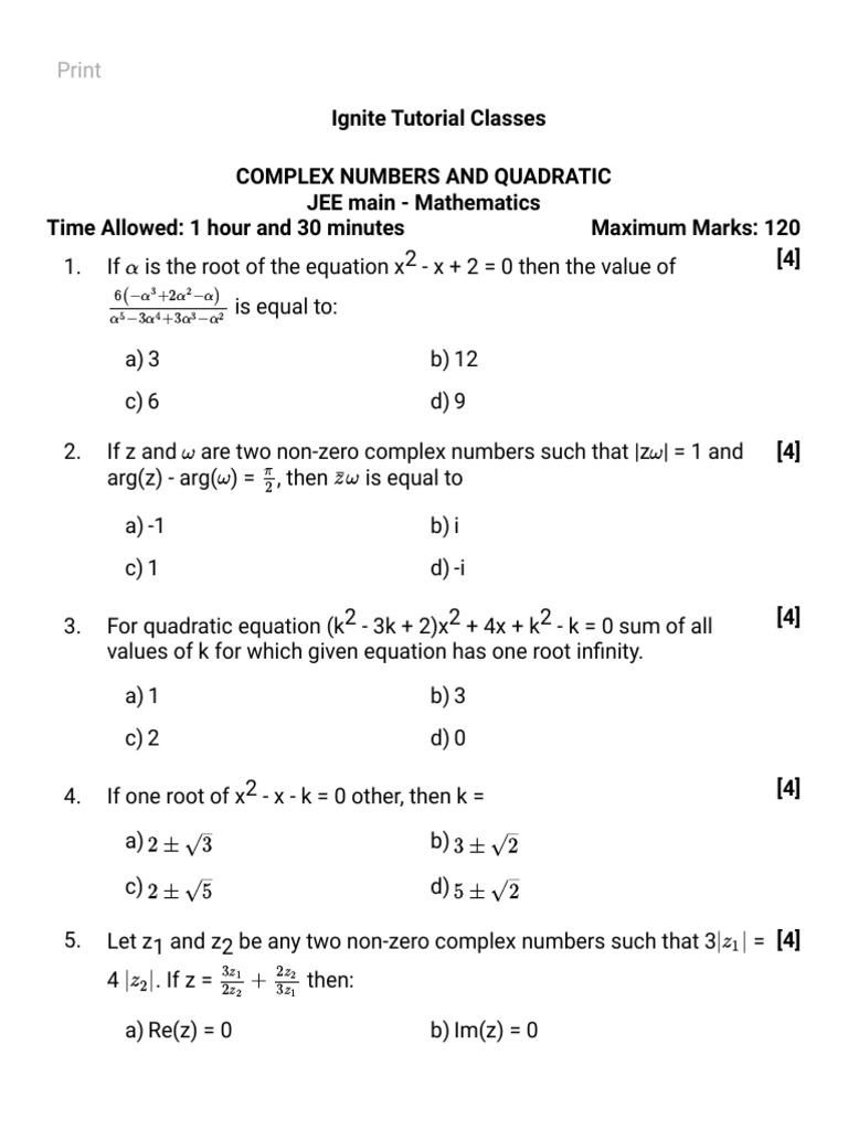 JEE Main Math: Complex Numbers & Quadratics | PDF