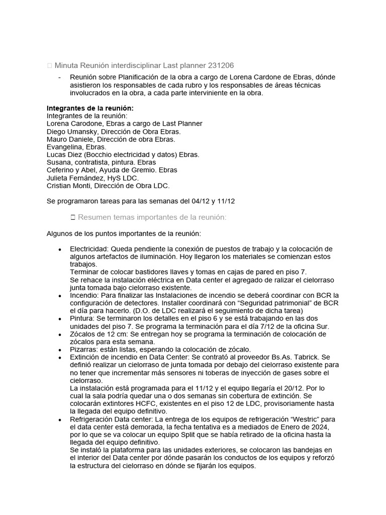 Minuta Reunión LAstPlanner 231206 | PDF | Hogar, jardinería y bricolaje