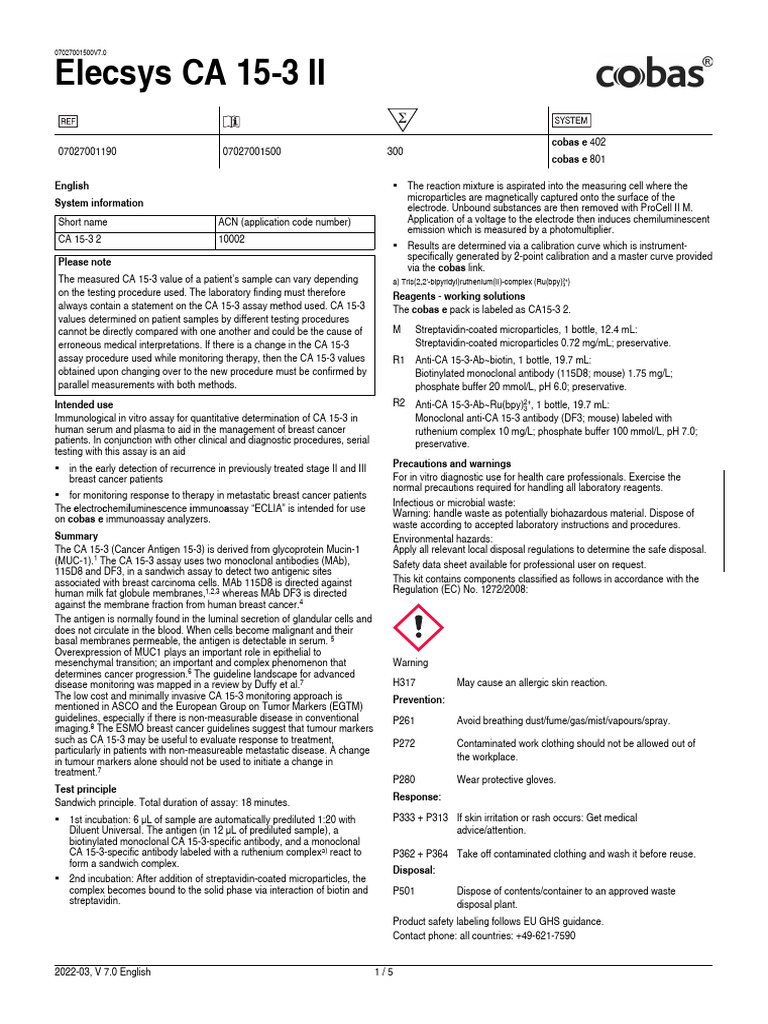 Insert - Elecsys CA 15-3 II.07027001500.V7.en | PDF | Detection Limit | Monoclonal Antibody