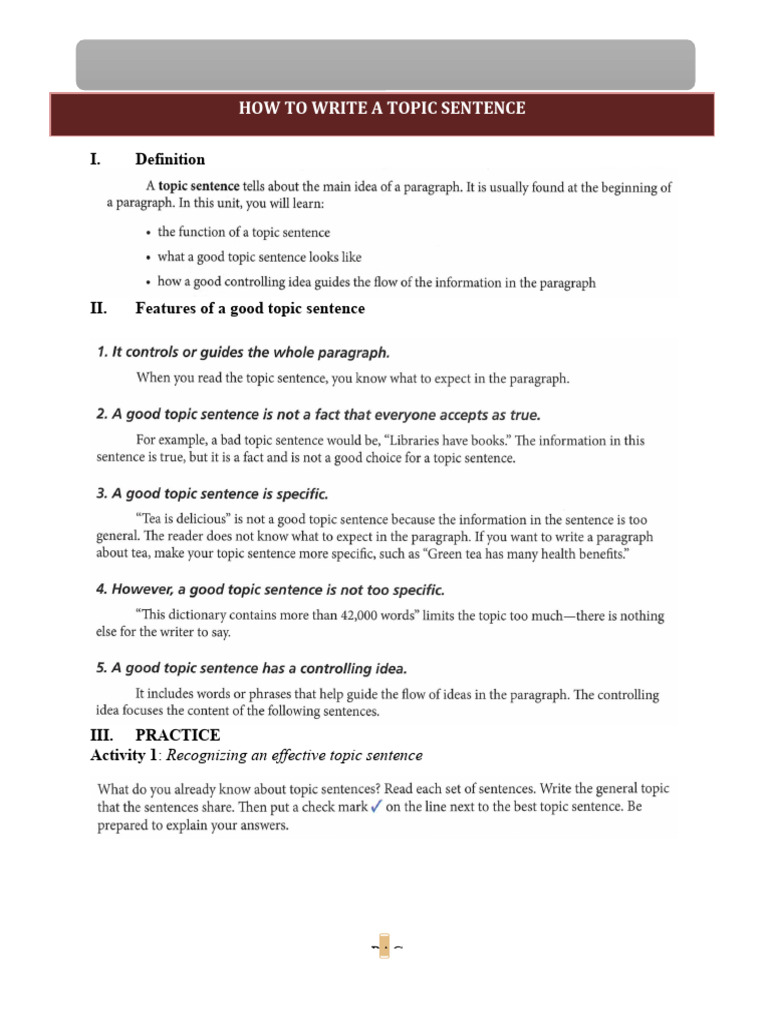 Writing Handout 3. Topic Sentence | PDF