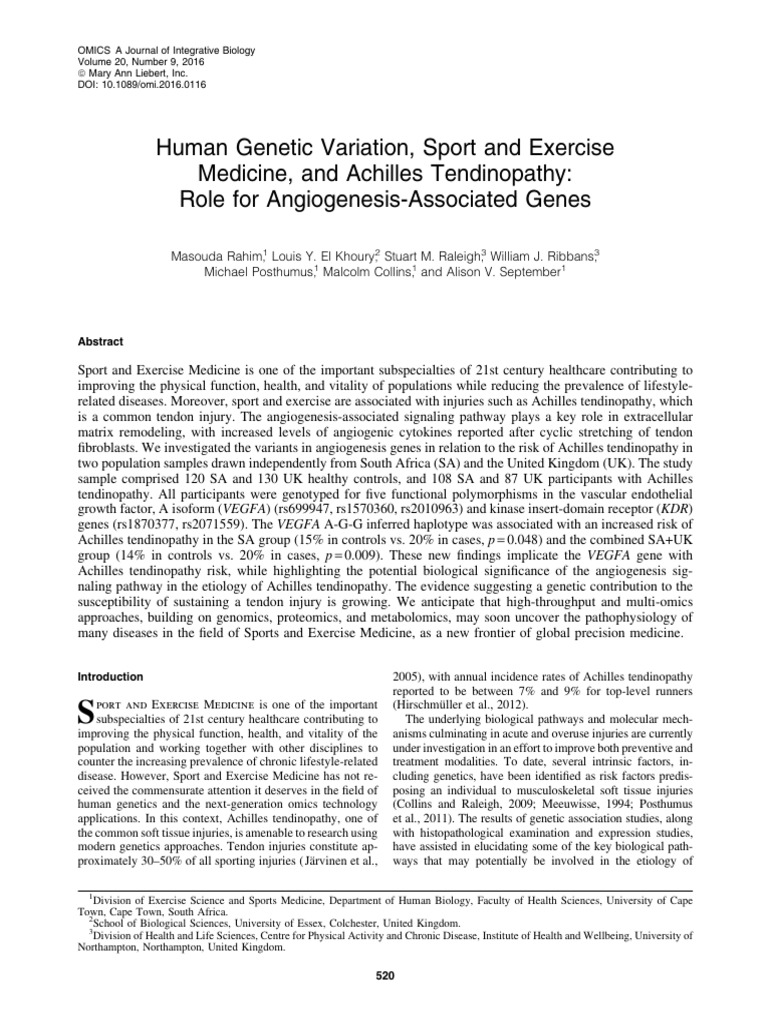 Human Genetic Variation Sport And Exercise Medicine And Achilles Tendinopathy Role For 