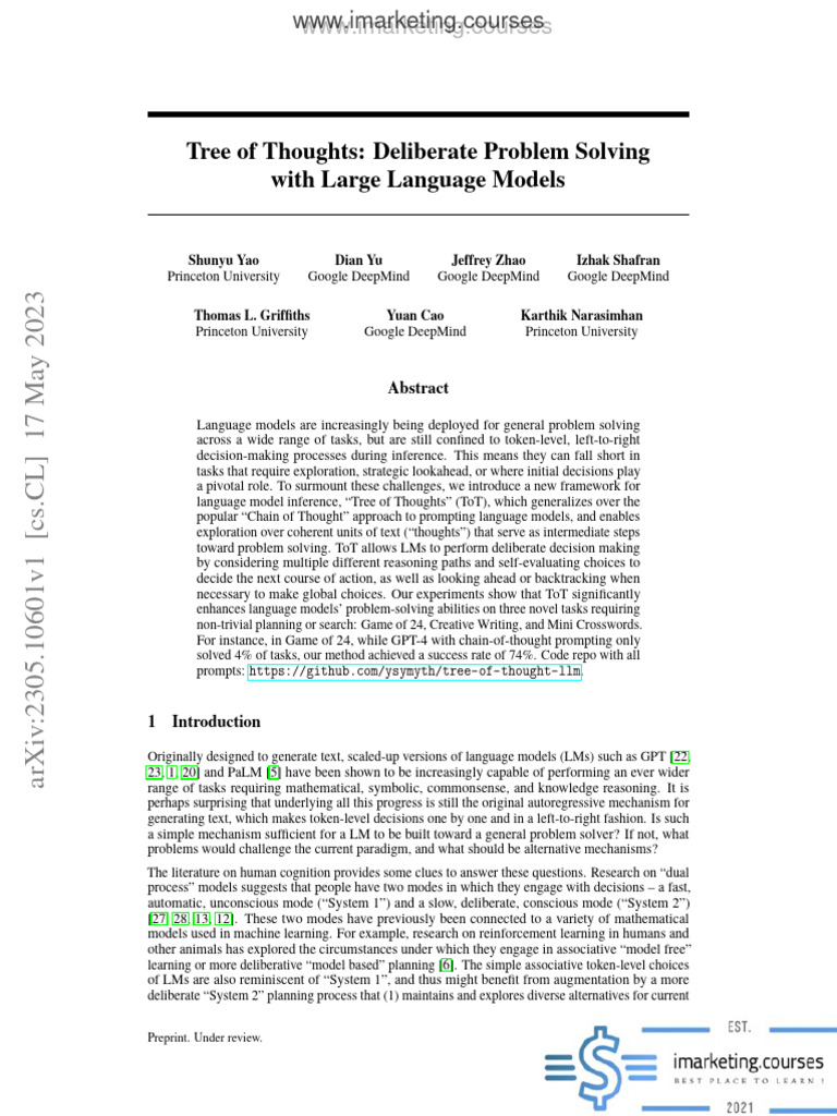 Tree of Thoughts: Enhanced Problem Solving with LLMs | PDF | Thought ...