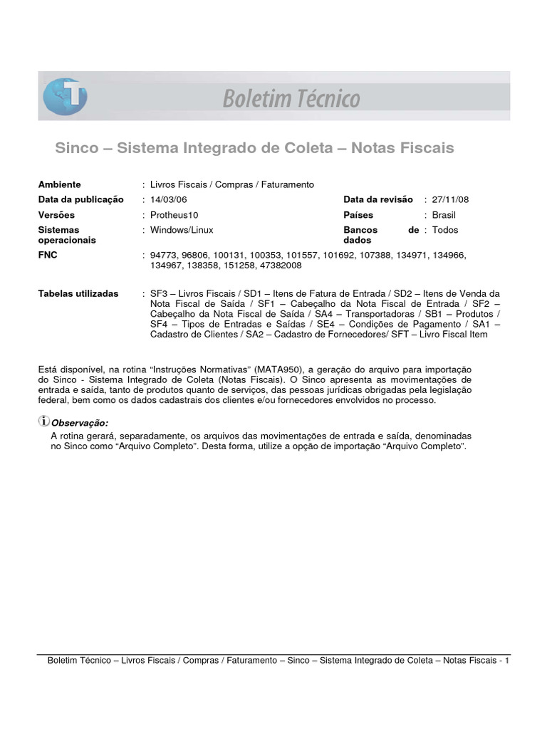 COM-FAT-FIS - Sinco - Sistema Integrado de Coleta - Notas Fiscais | PDF | Recibo | Arquivo de texto