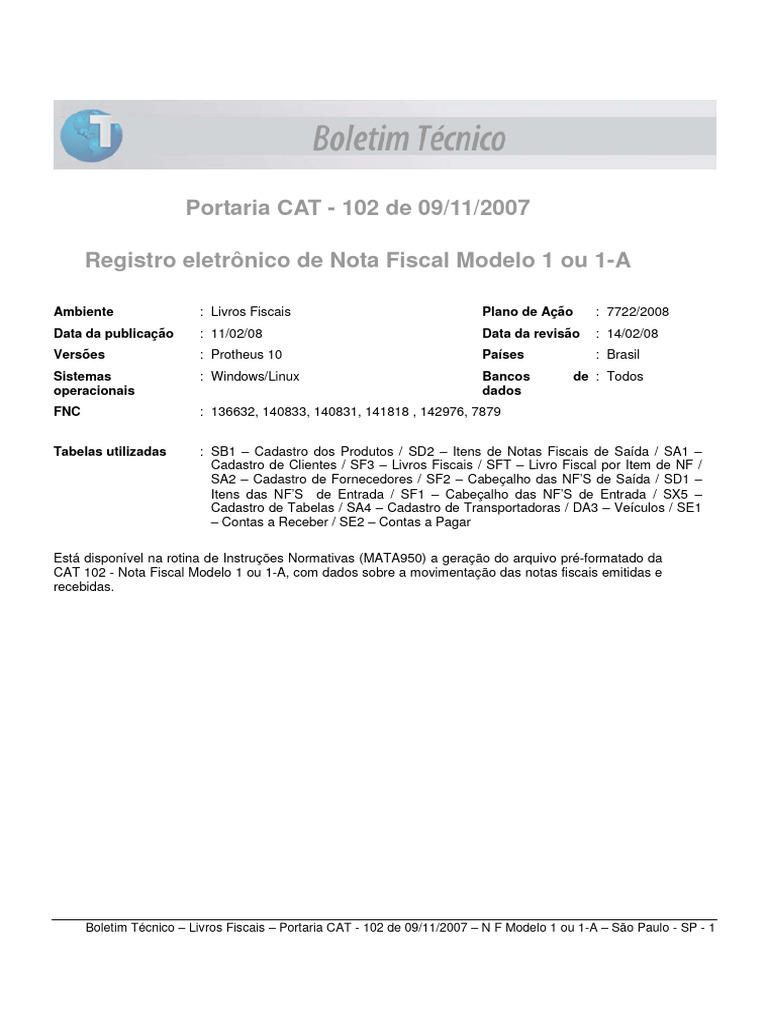 FIS - Registro Eletrônico de Nota Fiscal Modelo 1 Ou 1-A - Portaria CAT 102 | PDF | Recibo ...