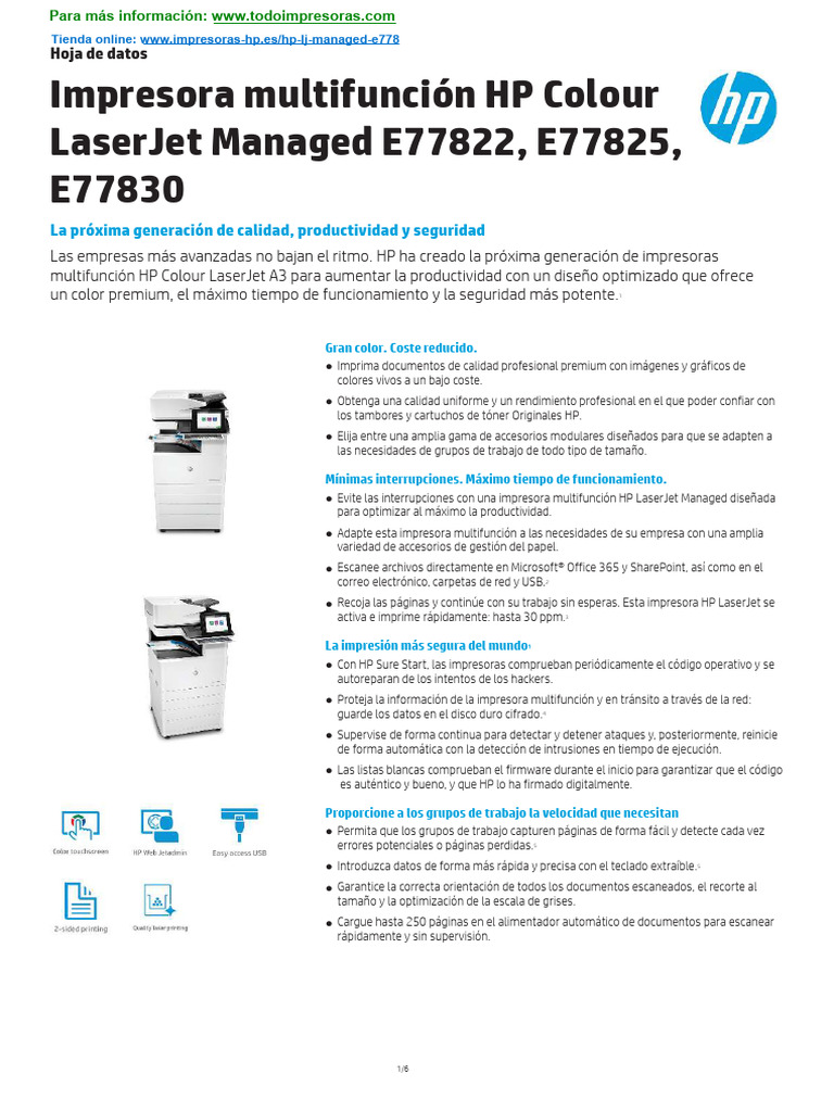 Caracteristicas Impresora HP Color Laserjet Managed E778 | PDF ...