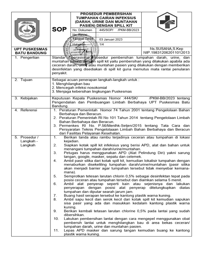 1.4.3.d.1. Sop Tumpahan Cairan Infeksius (Darah, Urine Dan Muntahan Pasien) Dengan Spill Kit | PDF