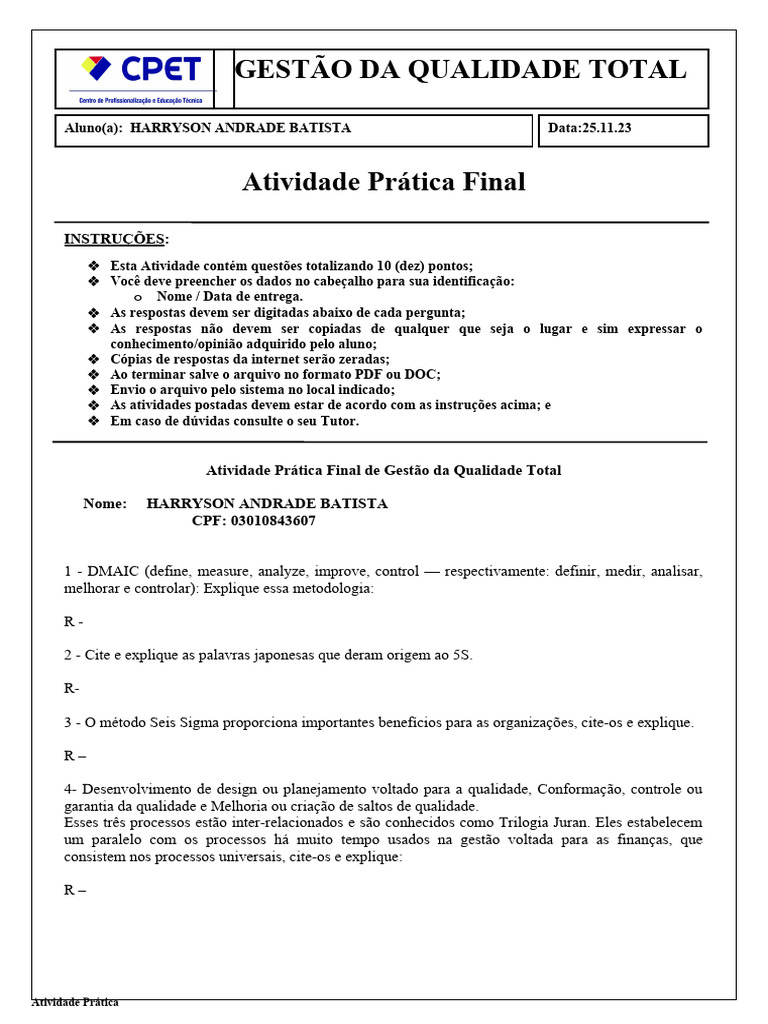 Gestão Da Qualidade Total - Atividade Prática Final JUL 25.11.2023 | PDF | Seis Sigma ...