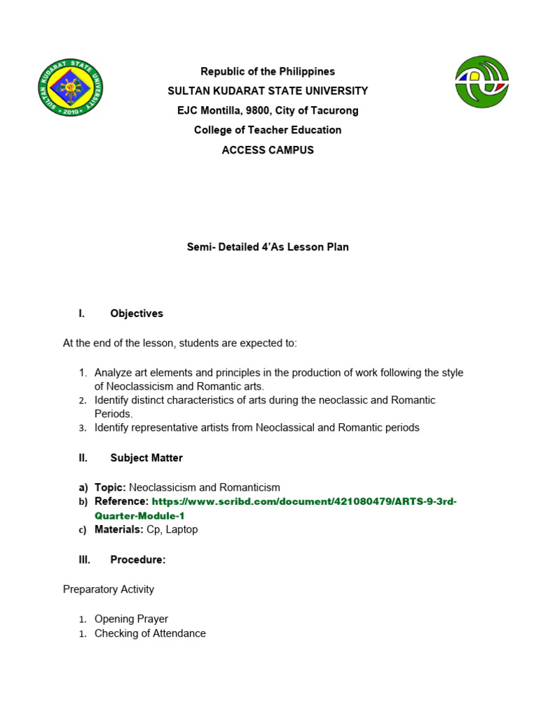 Lesson Plan in Arts | PDF | Romanticism | The Arts