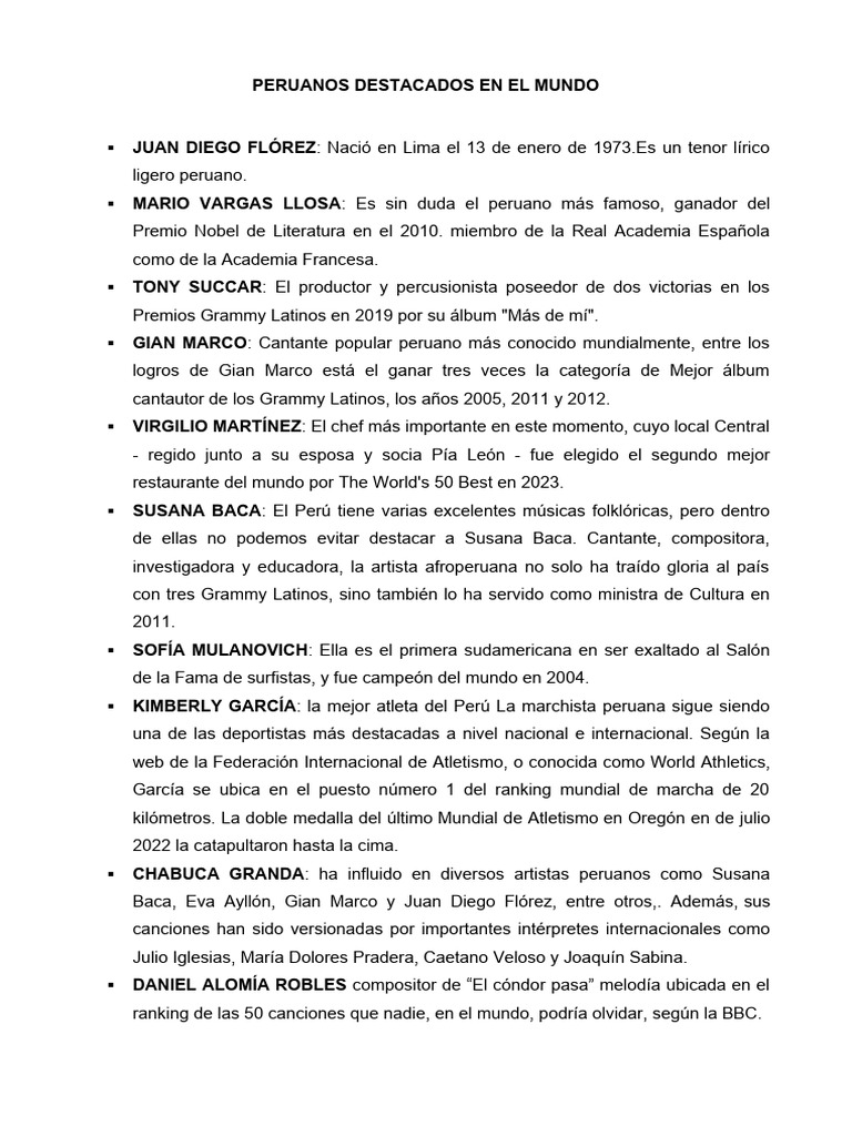 Peruanos Destacados Internacionalmente | PDF | Perú